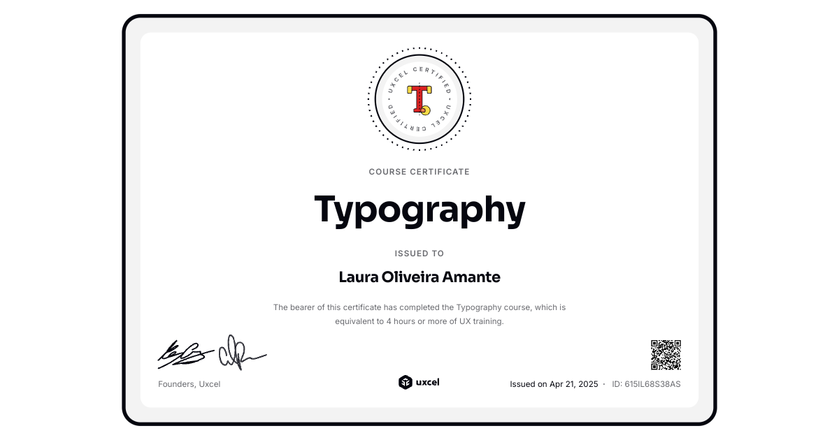 Certificate of completion for Typography | Uxcel